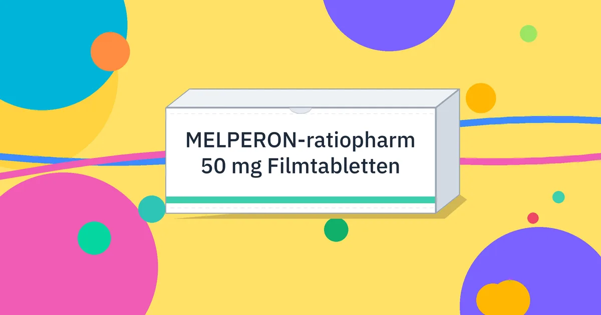 Symbolbild: Packung mit der Aufschrift MELPERON-ratiopharm 50 mg Filmtabletten (PZN 01567507) – Verfügbarkeit und Bezug in Apotheken in Frankfurt am Main