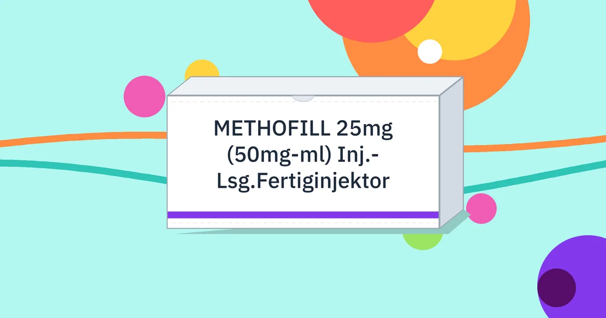 Symbolbild: Packung mit der Aufschrift METHOFILL 25mg (50mg-ml) Inj.-Lsg.Fertiginjektor (PZN 18661009) – Verfügbarkeit und Bezug in Apotheken in Frankfurt am Main