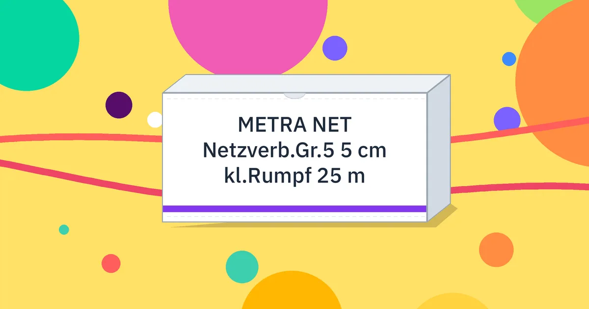 Symbolbild: Packung mit der Aufschrift METRA NET Netzverb.Gr.5 5 cm kl.Rumpf 25 m (PZN 07772504) – Verfügbarkeit und Bezug in Apotheken in Frankfurt am Main