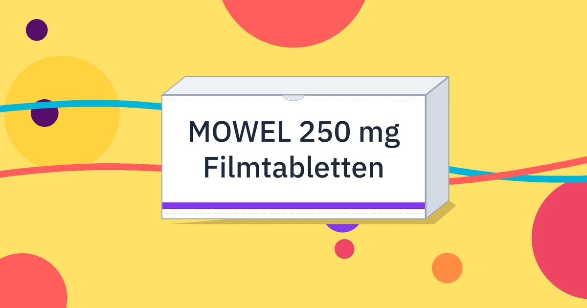Symbolbild: Packung mit der Aufschrift MOWEL 250 mg Filmtabletten (PZN 08755637) – Verfügbarkeit und Bezug in Apotheken in Frankfurt am Main