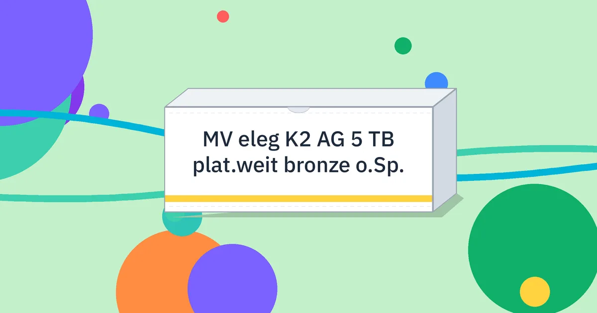 Symbolbild: Packung mit der Aufschrift MV eleg K2 AG 5 TB plat.weit bronze o.Sp. (PZN 14718273) – Verfügbarkeit und Bezug in Apotheken in Frankfurt am Main