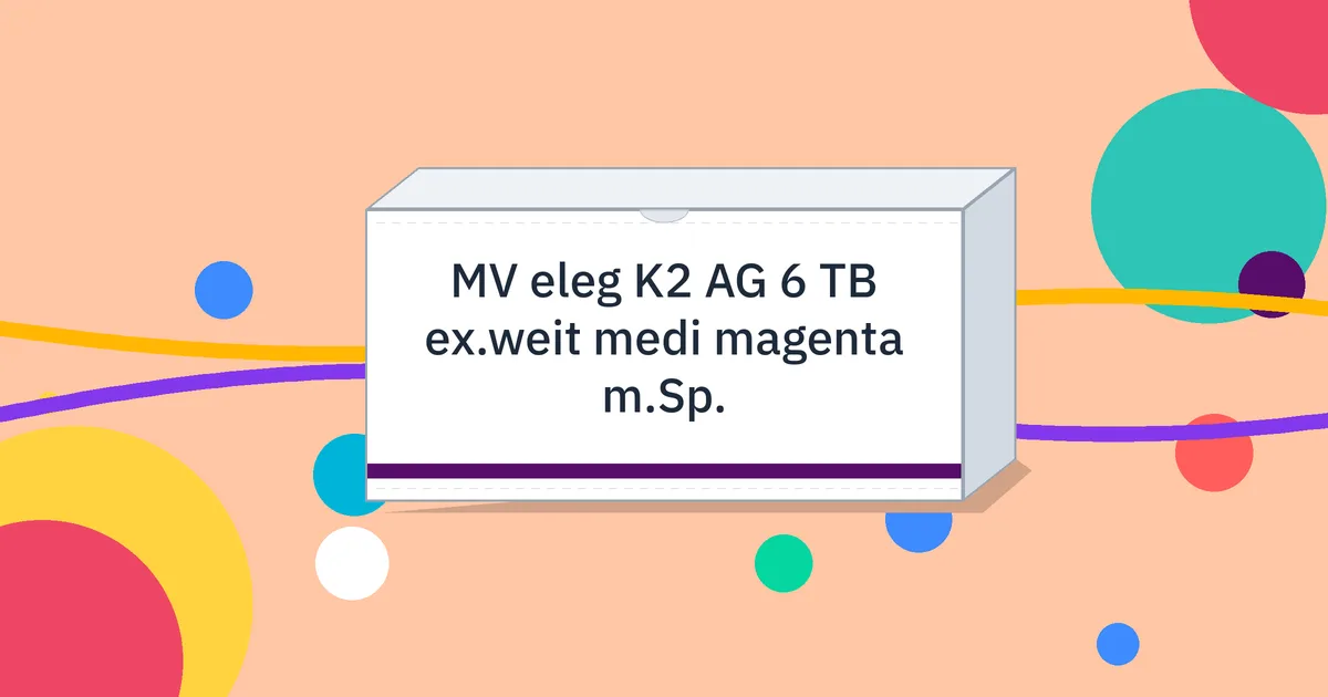 Symbolbild: Packung mit der Aufschrift MV eleg K2 AG 6 TB ex.weit medi magenta m.Sp. (PZN 15283512) – Verfügbarkeit und Bezug in Apotheken in Frankfurt am Main