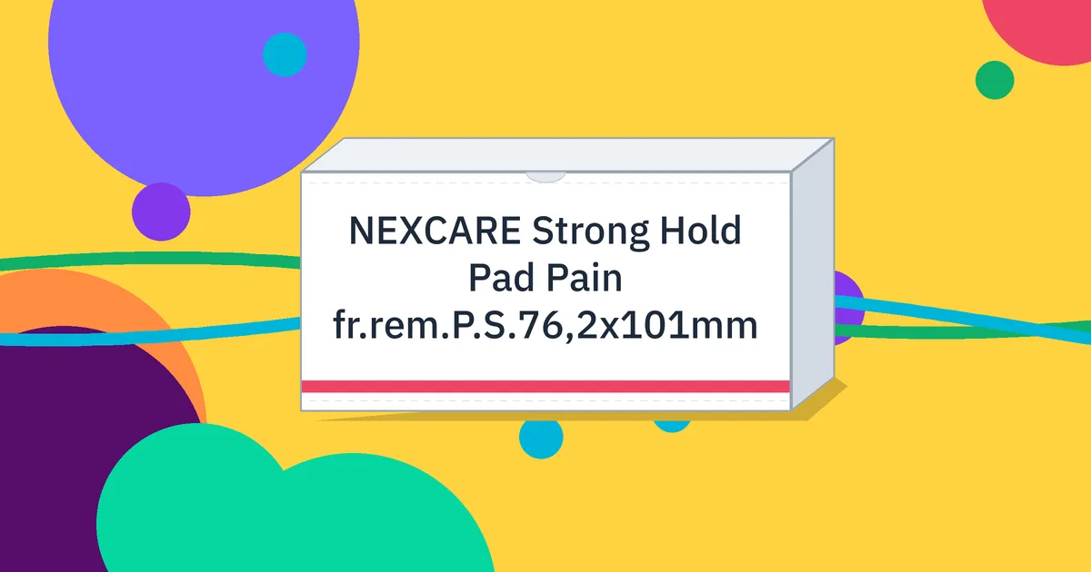 Symbolbild: Packung mit der Aufschrift NEXCARE Strong Hold Pad Pain fr.rem.P.S.76,2x101mm (PZN 16789981) – Verfügbarkeit und Bezug in Apotheken in Frankfurt am Main