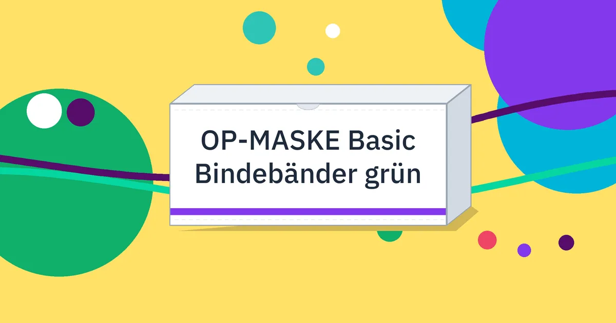 Symbolbild: Packung mit der Aufschrift OP-MASKE Basic Bindebänder grün (PZN 06137800) – Verfügbarkeit und Bezug in Apotheken in Frankfurt am Main