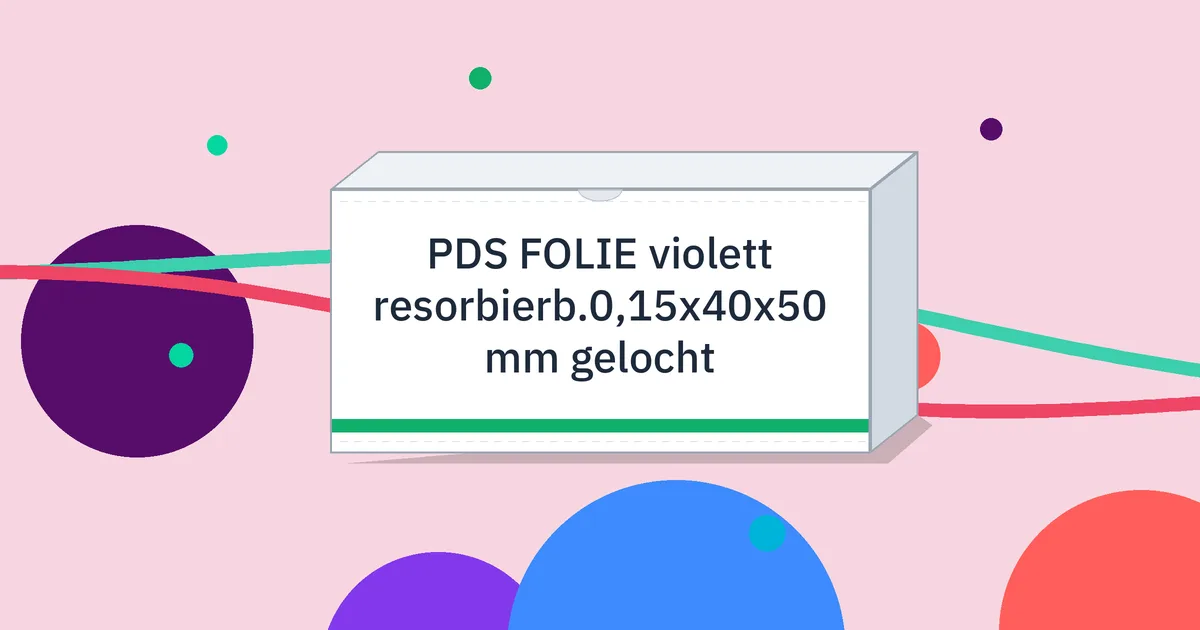 Symbolbild: Packung mit der Aufschrift PDS FOLIE violett resorbierb.0,15x40x50 mm gelocht (PZN 16253074) – Verfügbarkeit und Bezug in Apotheken in Frankfurt am Main