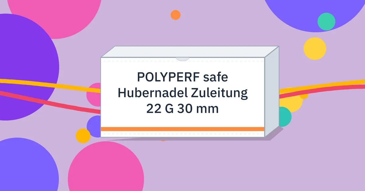 Symbolbild: Packung mit der Aufschrift POLYPERF safe Hubernadel Zuleitung 22 G 30 mm (PZN 12426359) – Verfügbarkeit und Bezug in Apotheken in Frankfurt am Main