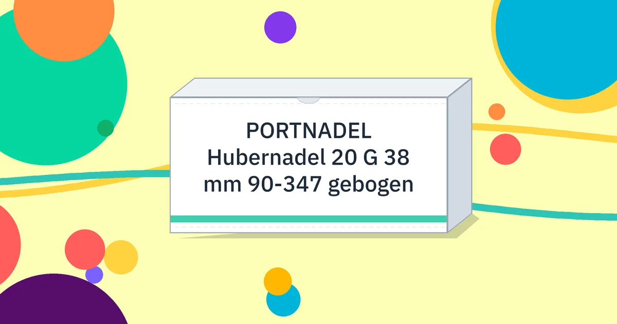 Symbolbild: Packung mit der Aufschrift PORTNADEL Hubernadel 20 G 38 mm 90-347 gebogen (PZN 02756825) – Verfügbarkeit und Bezug in Apotheken in Frankfurt am Main