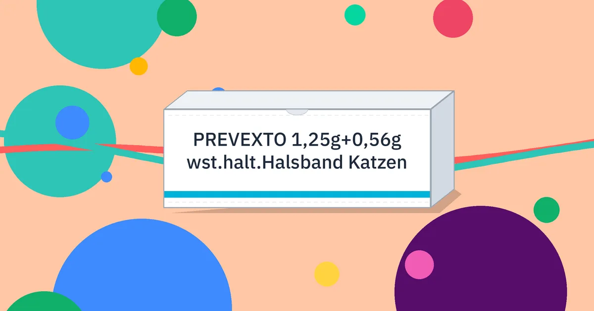 Symbolbild: Packung mit der Aufschrift PREVEXTO 1,25g+0,56g wst.halt.Halsband Katzen (PZN 20609401) – Verfügbarkeit und Bezug in Apotheken in Frankfurt am Main