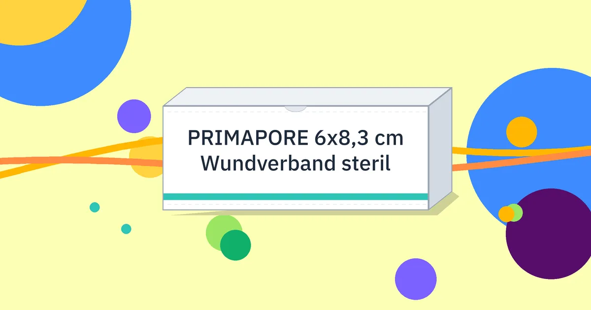 Symbolbild: Packung mit der Aufschrift PRIMAPORE 6x8,3 cm Wundverband steril (PZN 16139645) – Verfügbarkeit und Bezug in Apotheken in Frankfurt am Main