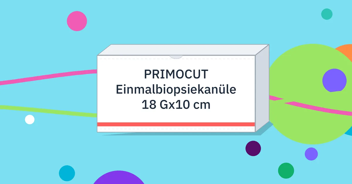 Symbolbild: Packung mit der Aufschrift PRIMOCUT Einmalbiopsiekanüle 18 Gx10 cm (PZN 03926330) – Verfügbarkeit und Bezug in Apotheken in Frankfurt am Main