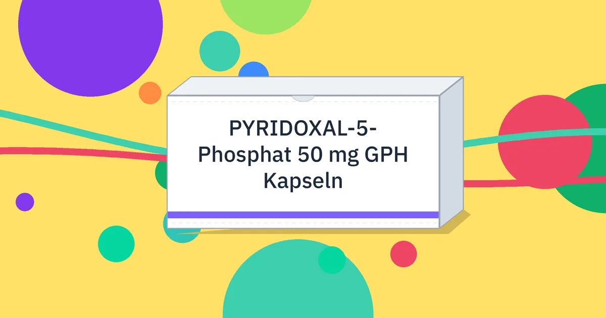 Symbolbild: Packung mit der Aufschrift PYRIDOXAL-5-Phosphat 50 mg GPH Kapseln (PZN 20091223) – Verfügbarkeit und Bezug in Apotheken in Frankfurt am Main
