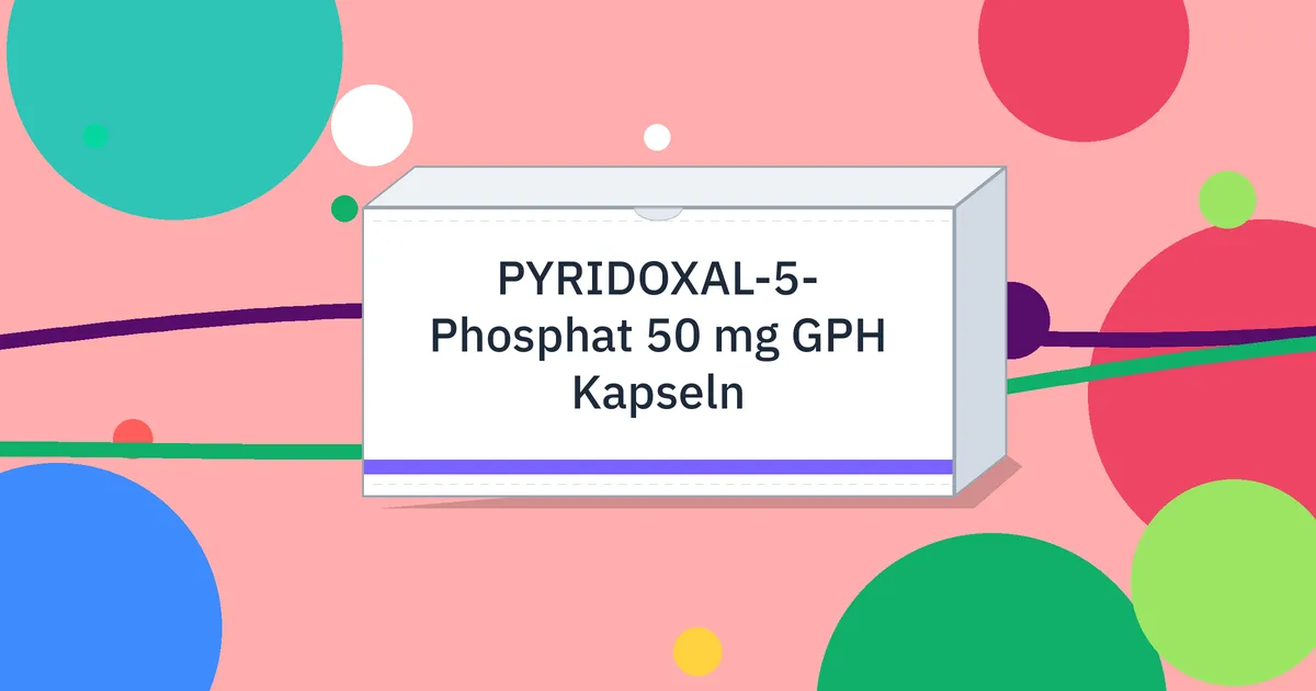 Symbolbild: Packung mit der Aufschrift PYRIDOXAL-5-Phosphat 50 mg GPH Kapseln (PZN 20091269) – Verfügbarkeit und Bezug in Apotheken in Frankfurt am Main