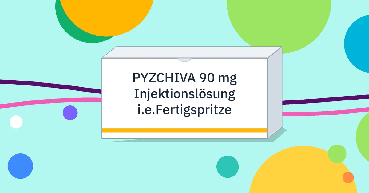 Symbolbild: Packung mit der Aufschrift PYZCHIVA 90 mg Injektionslösung i.e.Fertigspritze (PZN 19687376) – Verfügbarkeit und Bezug in Apotheken in Frankfurt am Main