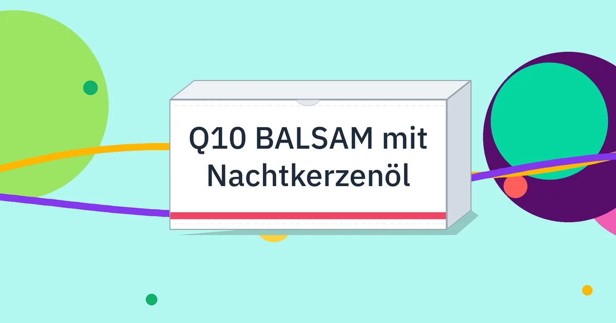 Symbolbild: Packung mit der Aufschrift Q10 BALSAM mit Nachtkerzenöl (PZN 14263602) – Verfügbarkeit und Bezug in Apotheken in Frankfurt am Main