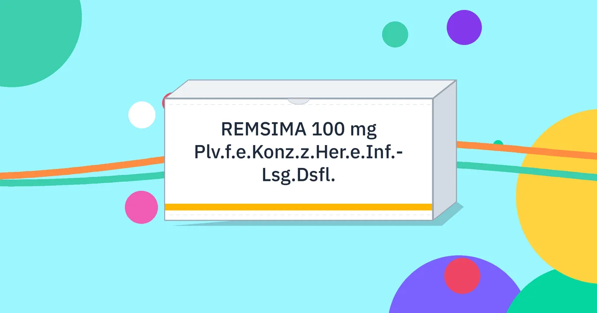 Symbolbild: Packung mit der Aufschrift REMSIMA 100 mg Plv.f.e.Konz.z.Her.e.Inf.-Lsg.Dsfl. (PZN 11512996) – Verfügbarkeit und Bezug in Apotheken in Frankfurt am Main