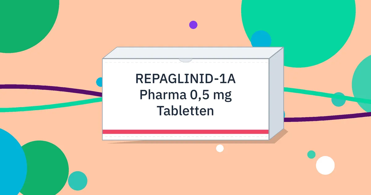 Symbolbild: Packung mit der Aufschrift REPAGLINID-1A Pharma 0,5 mg Tabletten (PZN 09121171) – Verfügbarkeit und Bezug in Apotheken in Frankfurt am Main