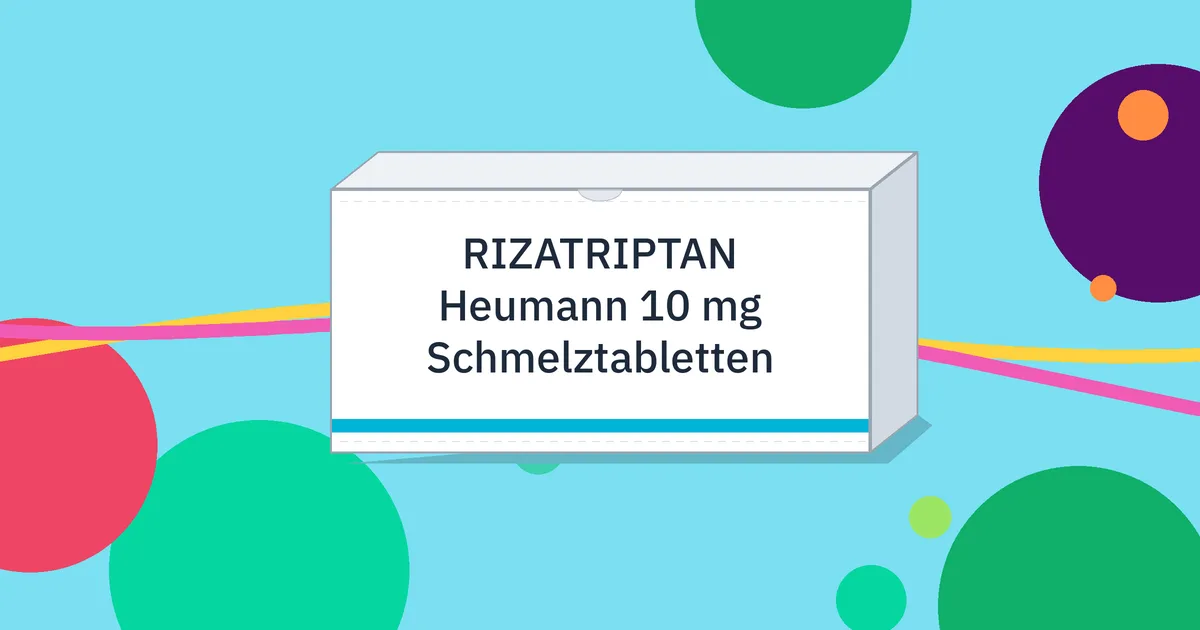 Symbolbild: Packung mit der Aufschrift RIZATRIPTAN Heumann 10 mg Schmelztabletten (PZN 11871413) – Verfügbarkeit und Bezug in Apotheken in Frankfurt am Main