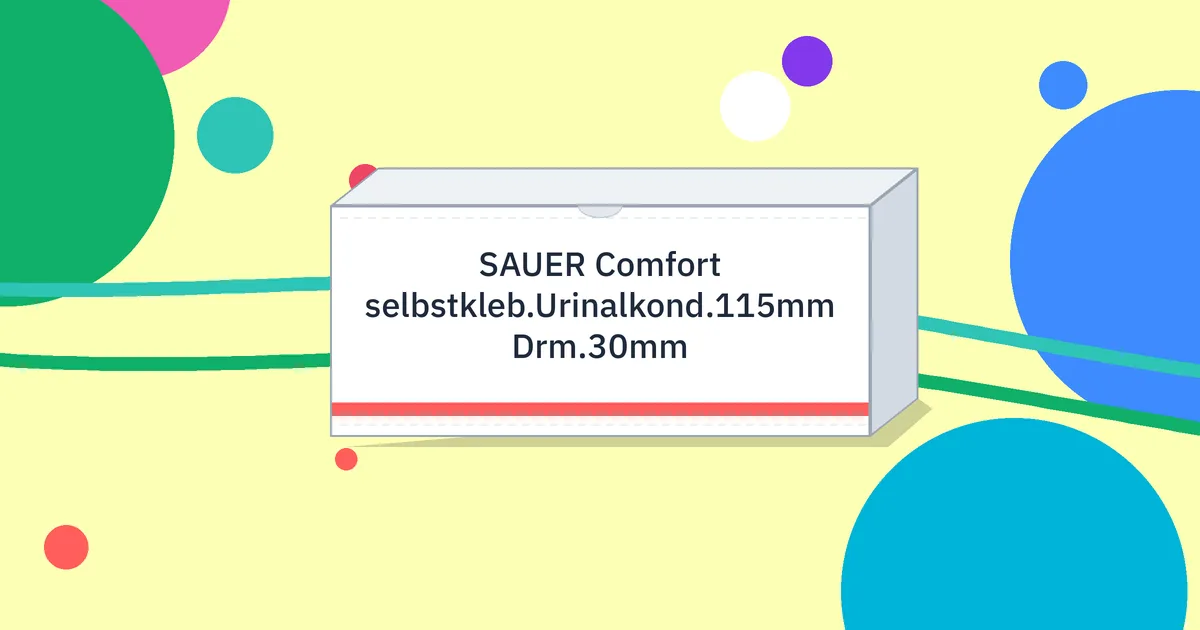 Symbolbild: Packung mit der Aufschrift SAUER Comfort selbstkleb.Urinalkond.115mm Drm.30mm (PZN 00464490) – Verfügbarkeit und Bezug in Apotheken in Frankfurt am Main