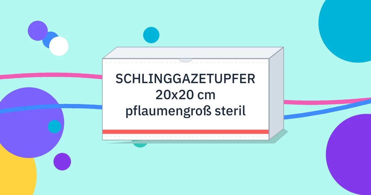 Symbolbild: Packung mit der Aufschrift SCHLINGGAZETUPFER 20x20 cm pflaumengroß steril (PZN 04767299) – Verfügbarkeit und Bezug in Apotheken in Frankfurt am Main