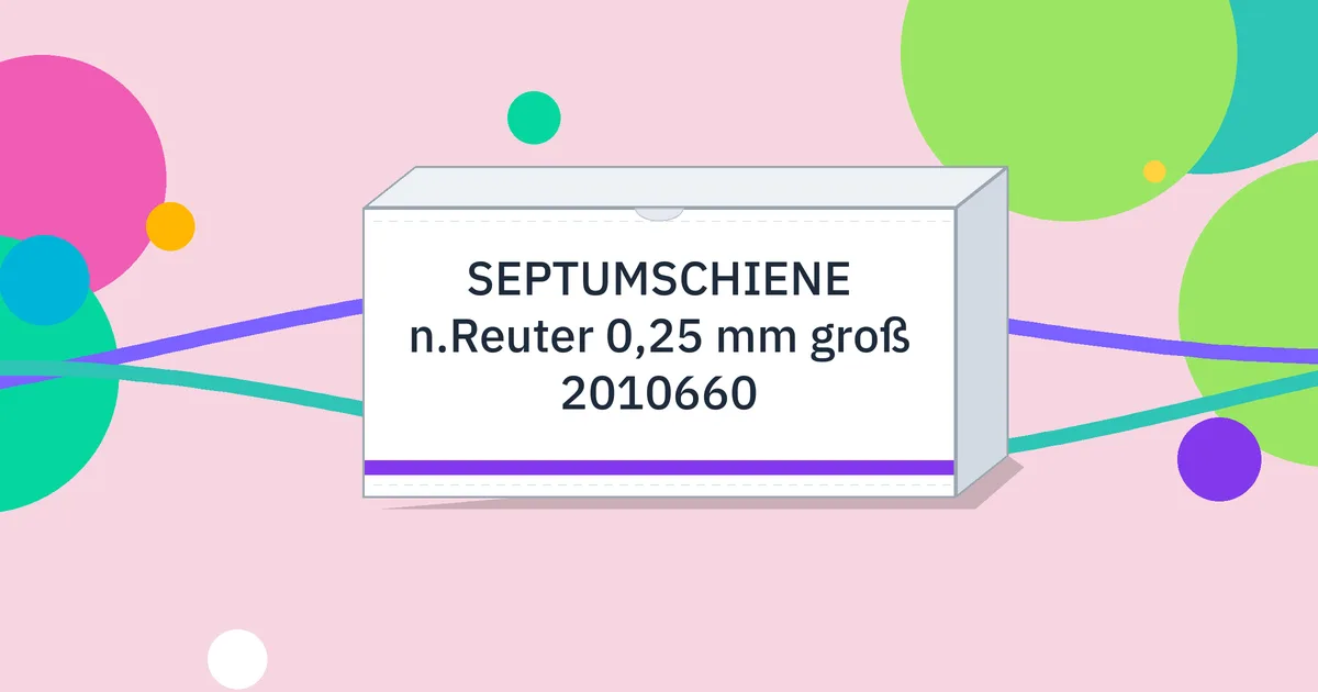 Symbolbild: Packung mit der Aufschrift SEPTUMSCHIENE n.Reuter 0,25 mm groß 2010660 (PZN 00185353) – Verfügbarkeit und Bezug in Apotheken in Frankfurt am Main