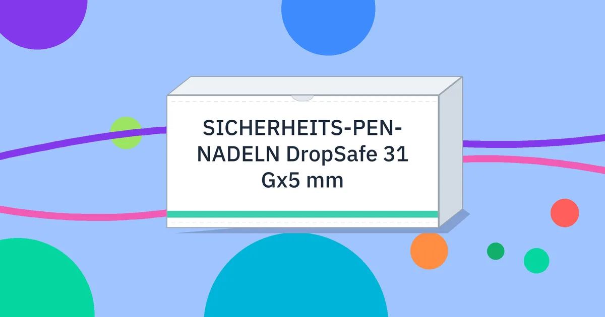 Symbolbild: Packung mit der Aufschrift SICHERHEITS-PEN-NADELN DropSafe 31 Gx5 mm (PZN 17848591) – Verfügbarkeit und Bezug in Apotheken in Frankfurt am Main