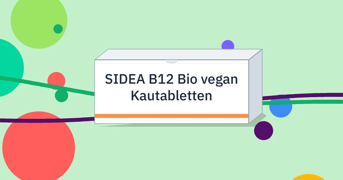 Symbolbild: Packung mit der Aufschrift SIDEA B12 Bio vegan Kautabletten (PZN 11615532) – Verfügbarkeit und Bezug in Apotheken in Frankfurt am Main