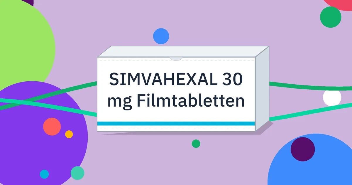 Symbolbild: Packung mit der Aufschrift SIMVAHEXAL 30 mg Filmtabletten (PZN 02846623) – Verfügbarkeit und Bezug in Apotheken in Frankfurt am Main