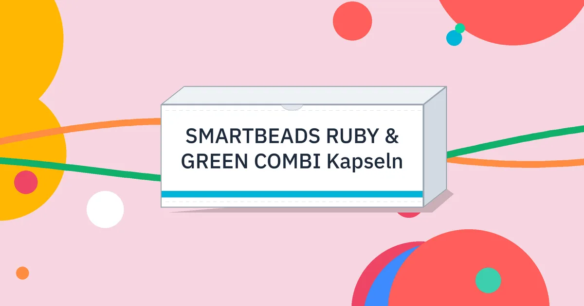 Symbolbild: Packung mit der Aufschrift SMARTBEADS RUBY & GREEN COMBI Kapseln (PZN 18896965) – Verfügbarkeit und Bezug in Apotheken in Frankfurt am Main