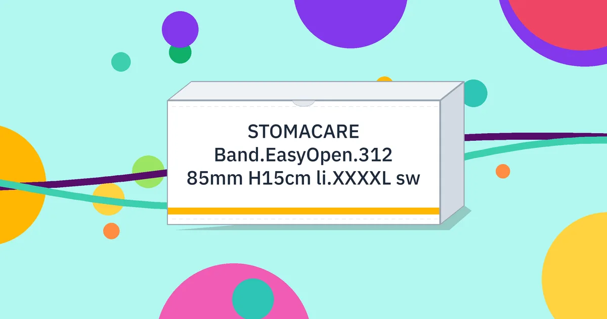 Symbolbild: Packung mit der Aufschrift STOMACARE Band.EasyOpen.312 85mm H15cm li.XXXXL sw (PZN 09438057) – Verfügbarkeit und Bezug in Apotheken in Frankfurt am Main
