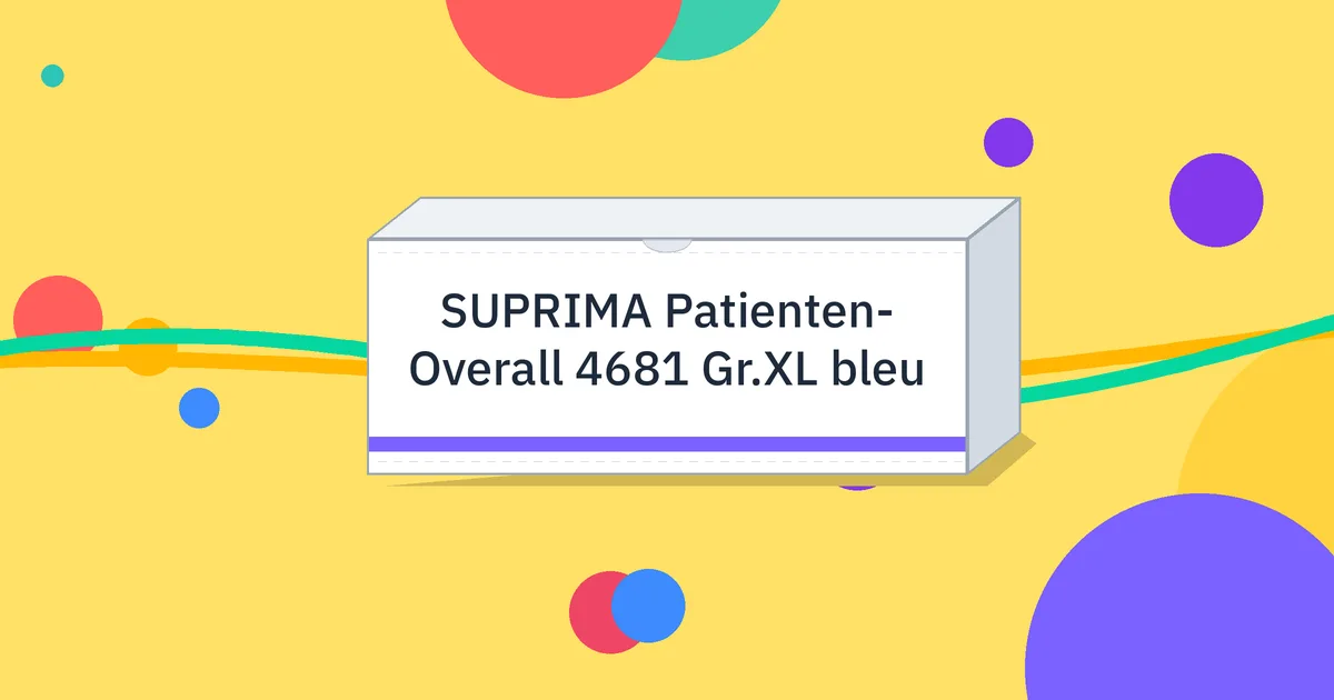 Symbolbild: Packung mit der Aufschrift SUPRIMA Patienten-Overall 4681 Gr.XL bleu (PZN 01971438) – Verfügbarkeit und Bezug in Apotheken in Frankfurt am Main