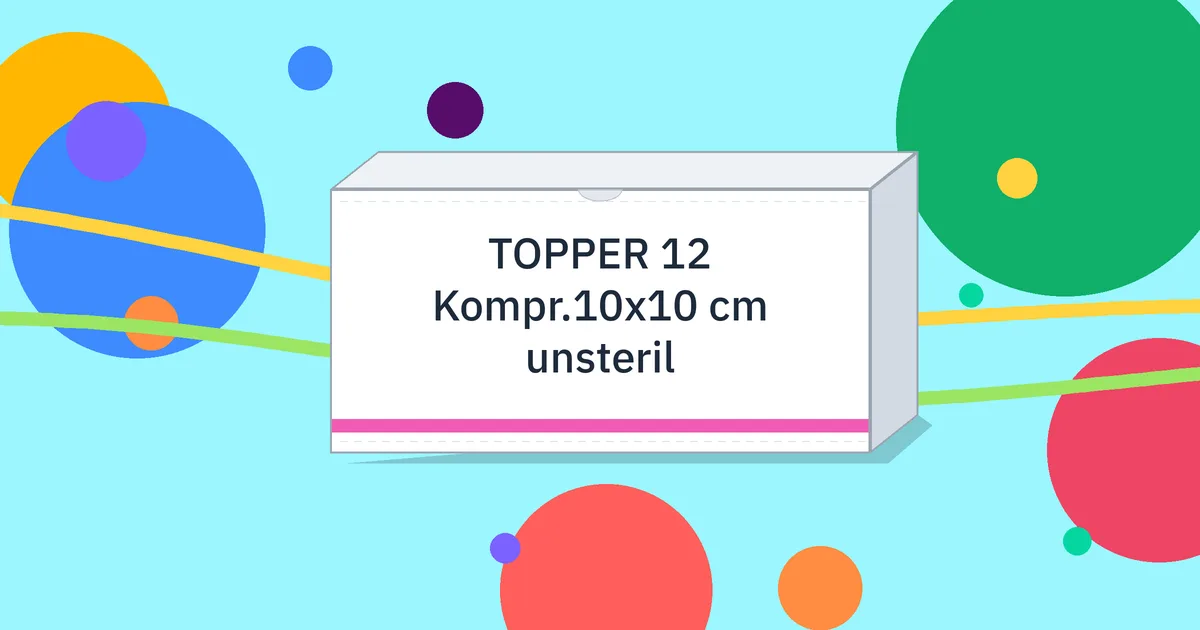 Symbolbild: Packung mit der Aufschrift TOPPER 12 Kompr.10x10 cm unsteril (PZN 09644443) – Verfügbarkeit und Bezug in Apotheken in Frankfurt am Main