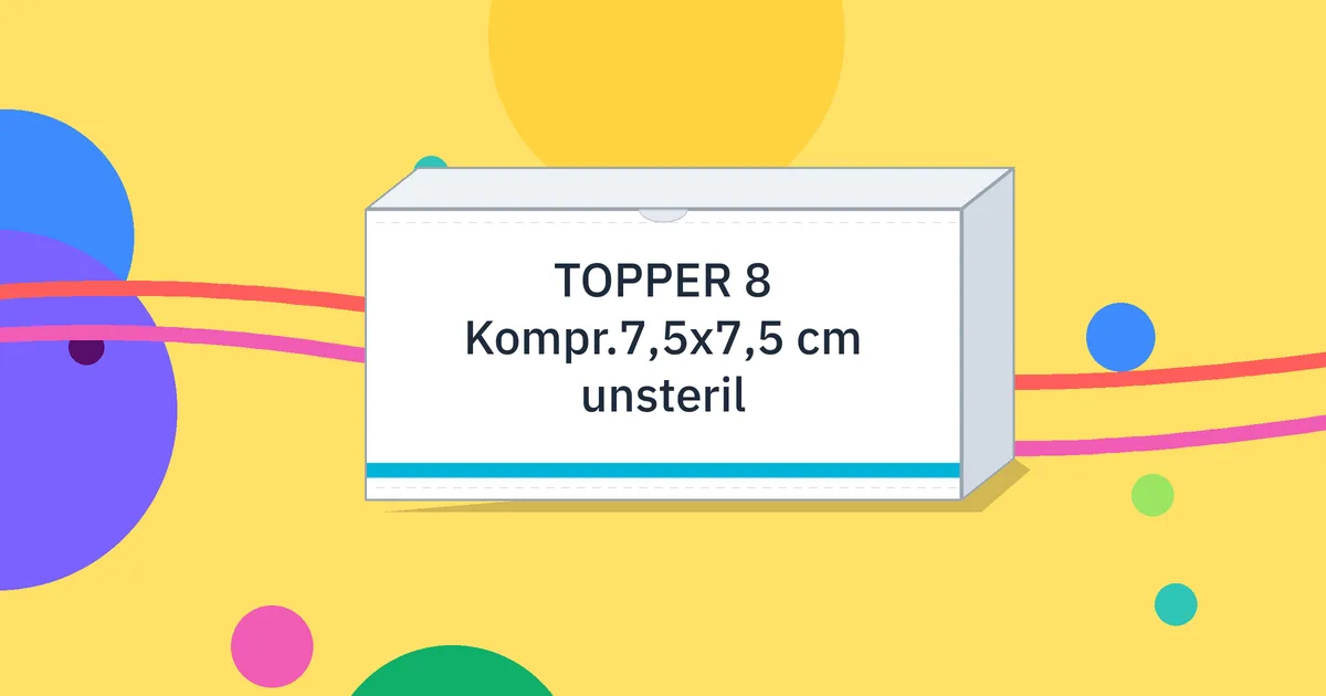 Symbolbild: Packung mit der Aufschrift TOPPER 8 Kompr.7,5x7,5 cm unsteril (PZN 03420300) – Verfügbarkeit und Bezug in Apotheken in Frankfurt am Main