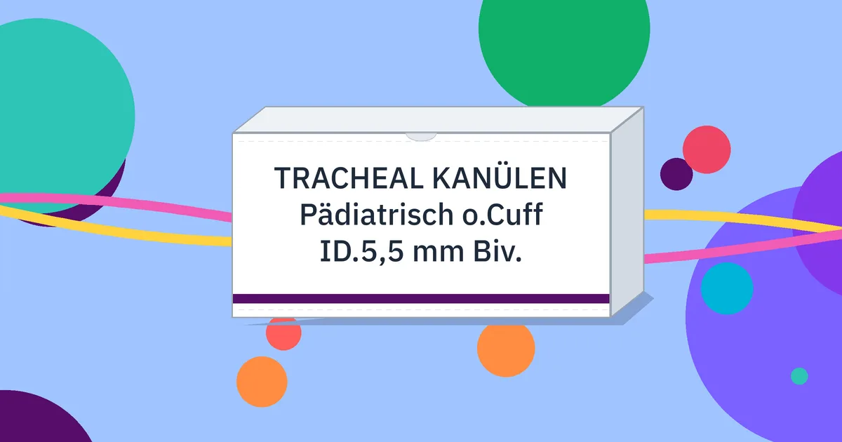 Symbolbild: Packung mit der Aufschrift TRACHEAL KANÜLEN Pädiatrisch o.Cuff ID.5,5 mm Biv. (PZN 02256672) – Verfügbarkeit und Bezug in Apotheken in Frankfurt am Main