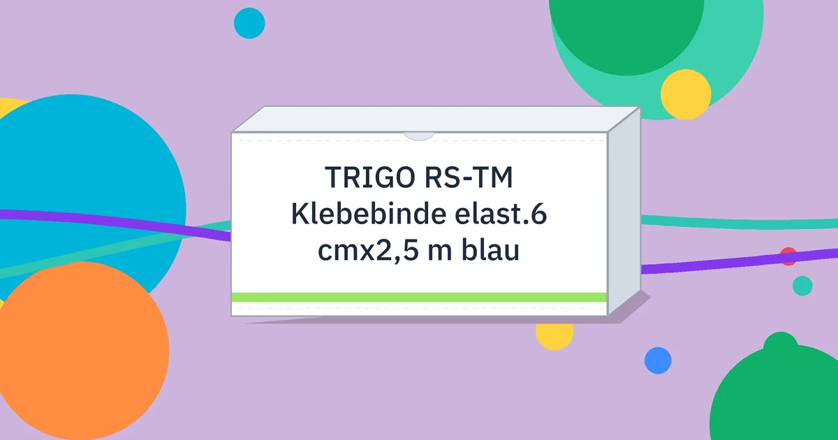 Symbolbild: Packung mit der Aufschrift TRIGO RS-TM Klebebinde elast.6 cmx2,5 m blau (PZN 20342837) – Verfügbarkeit und Bezug in Apotheken in Frankfurt am Main