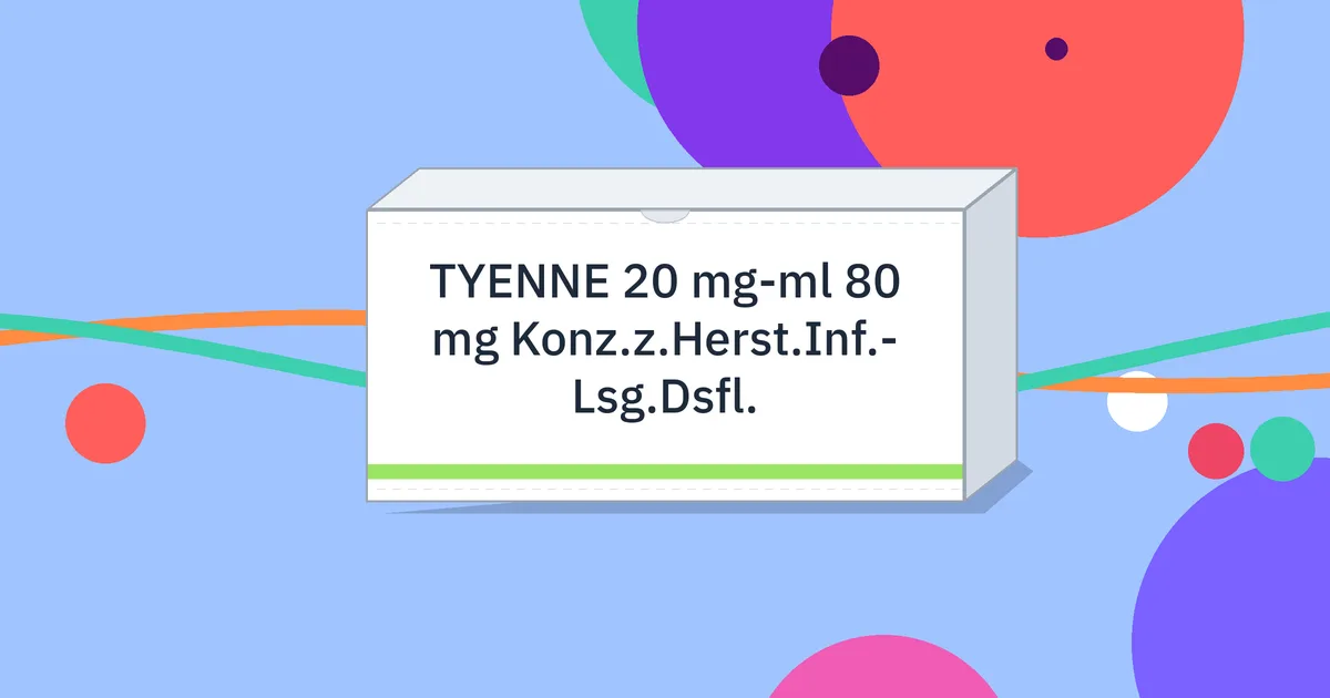 Symbolbild: Packung mit der Aufschrift TYENNE 20 mg-ml 80 mg Konz.z.Herst.Inf.-Lsg.Dsfl. (PZN 19769915) – Verfügbarkeit und Bezug in Apotheken in Frankfurt am Main