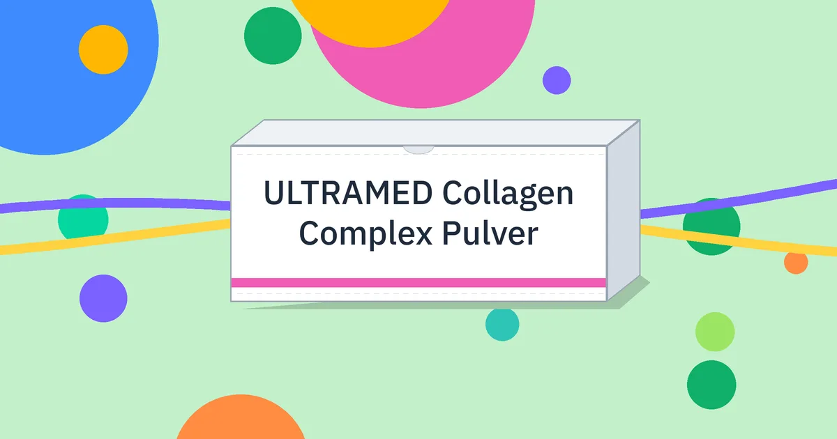 Symbolbild: Packung mit der Aufschrift ULTRAMED Collagen Complex Pulver (PZN 20365123) – Verfügbarkeit und Bezug in Apotheken in Frankfurt am Main