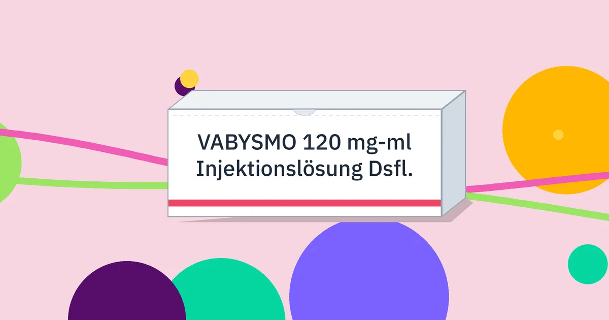 Symbolbild: Packung mit der Aufschrift VABYSMO 120 mg-ml Injektionslösung Dsfl. (PZN 19646058) – Verfügbarkeit und Bezug in Apotheken in Frankfurt am Main