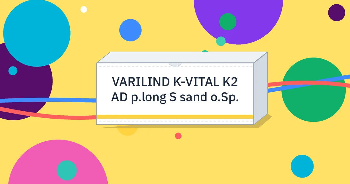 Symbolbild: Packung mit der Aufschrift VARILIND K-VITAL K2 AD p.long S sand o.Sp. (PZN 20567677) – Verfügbarkeit und Bezug in Apotheken in Frankfurt am Main
