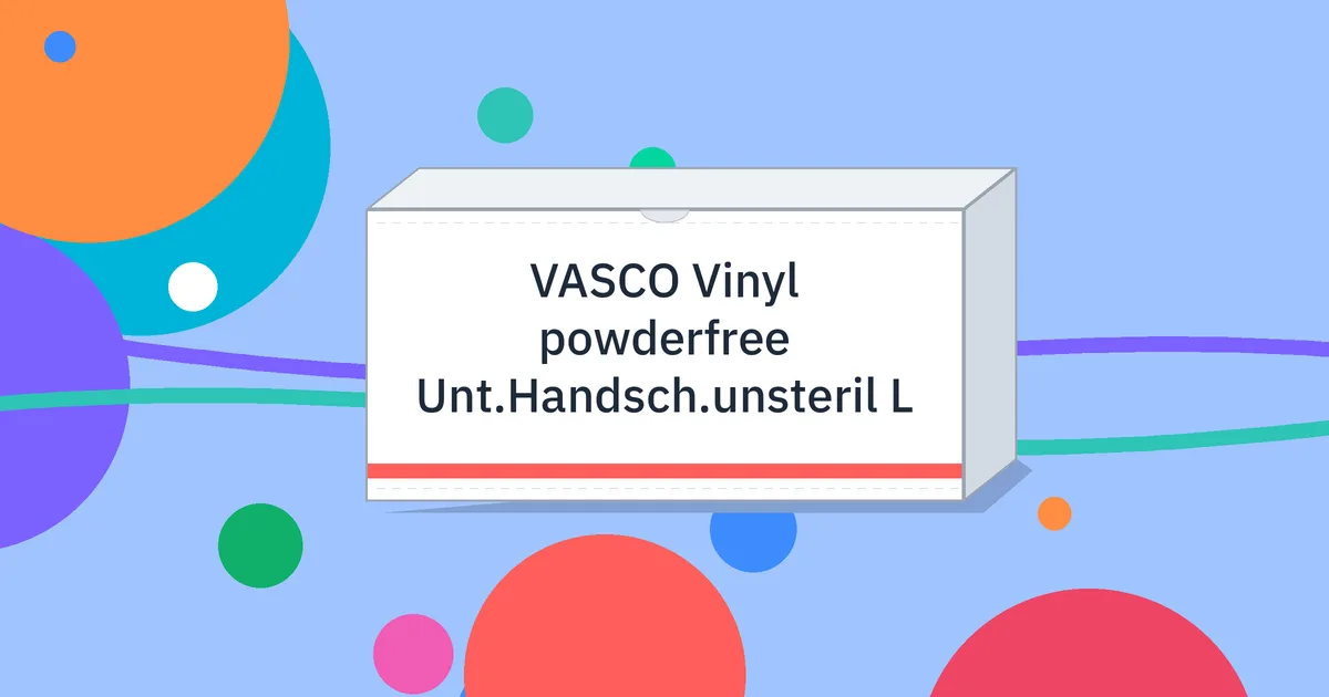 Symbolbild: Packung mit der Aufschrift VASCO Vinyl powderfree Unt.Handsch.unsteril L (PZN 14351602) – Verfügbarkeit und Bezug in Apotheken in Frankfurt am Main