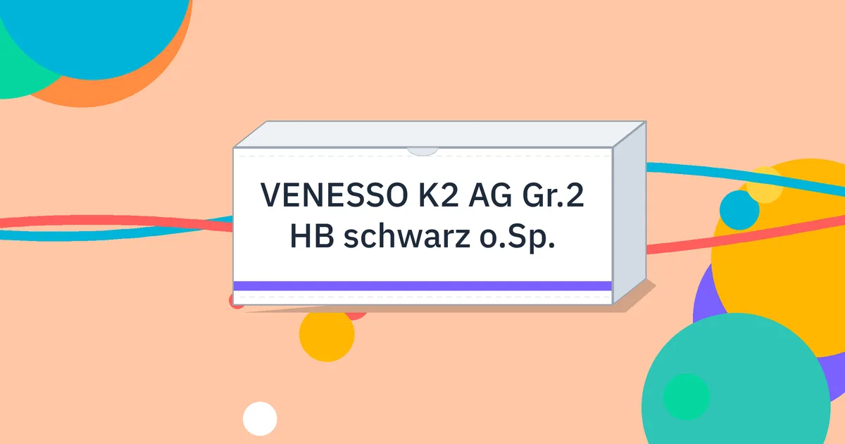 Symbolbild: Packung mit der Aufschrift VENESSO K2 AG Gr.2 HB schwarz o.Sp. (PZN 03265727) – Verfügbarkeit und Bezug in Apotheken in Frankfurt am Main