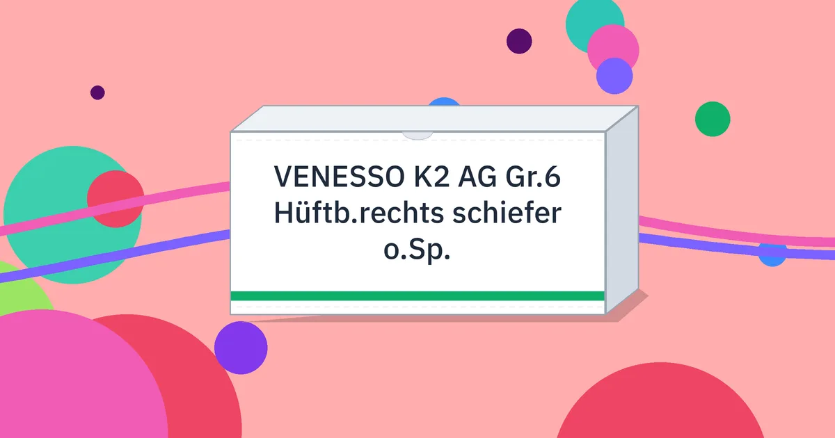 Symbolbild: Packung mit der Aufschrift VENESSO K2 AG Gr.6 Hüftb.rechts schiefer o.Sp. (PZN 03272182) – Verfügbarkeit und Bezug in Apotheken in Frankfurt am Main