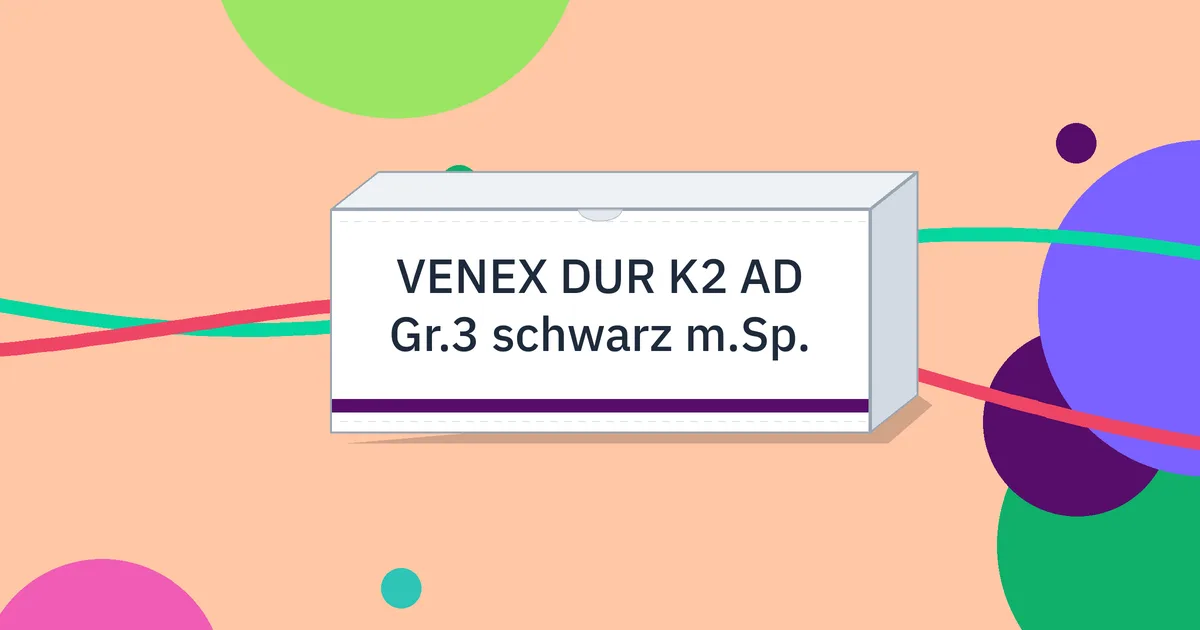 Symbolbild: Packung mit der Aufschrift VENEX DUR K2 AD Gr.3 schwarz m.Sp. (PZN 03210287) – Verfügbarkeit und Bezug in Apotheken in Frankfurt am Main