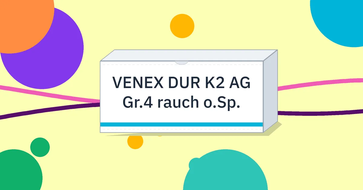 Symbolbild: Packung mit der Aufschrift VENEX DUR K2 AG Gr.4 rauch o.Sp. (PZN 03216054) – Verfügbarkeit und Bezug in Apotheken in Frankfurt am Main