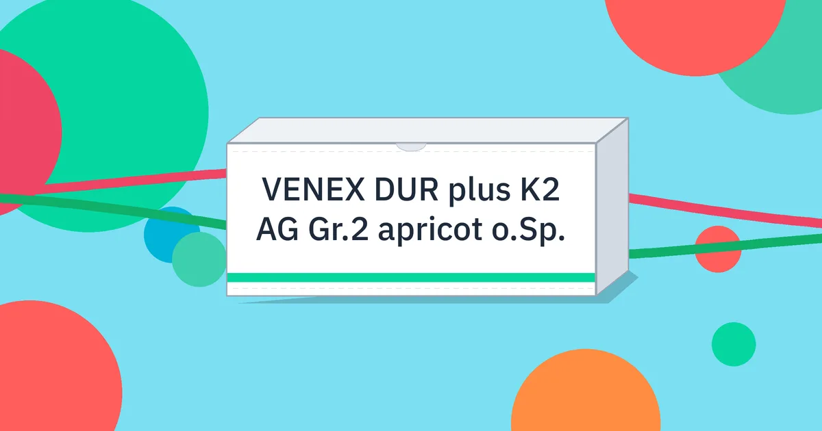 Symbolbild: Packung mit der Aufschrift VENEX DUR plus K2 AG Gr.2 apricot o.Sp. (PZN 03236016) – Verfügbarkeit und Bezug in Apotheken in Frankfurt am Main