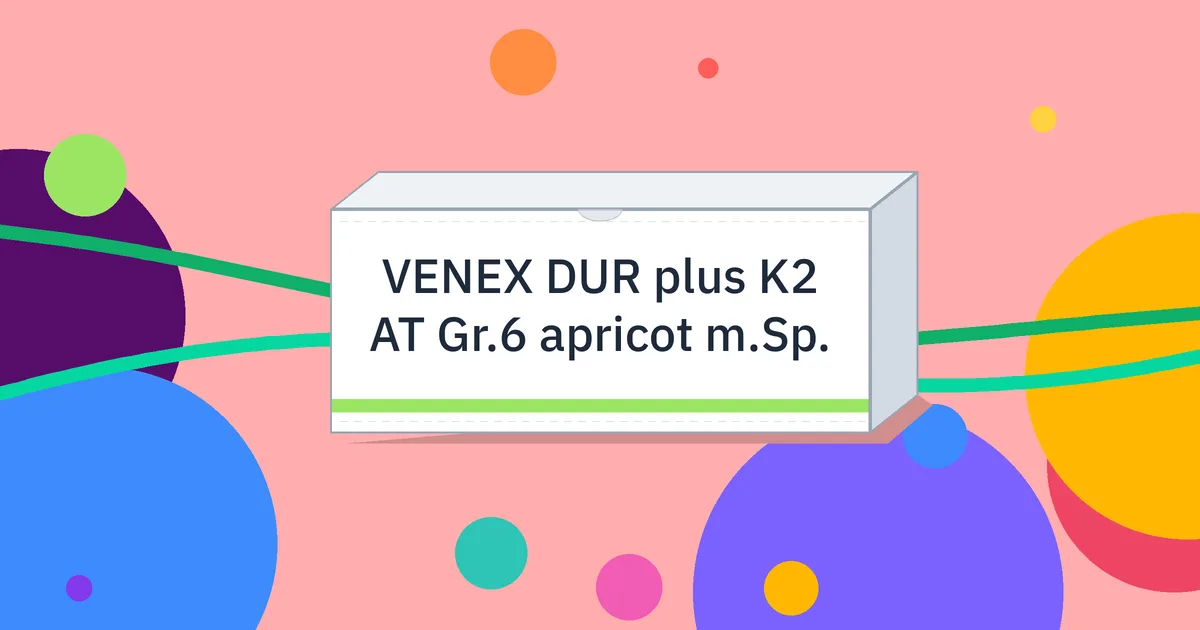 Symbolbild: Packung mit der Aufschrift VENEX DUR plus K2 AT Gr.6 apricot m.Sp. (PZN 03234371) – Verfügbarkeit und Bezug in Apotheken in Frankfurt am Main