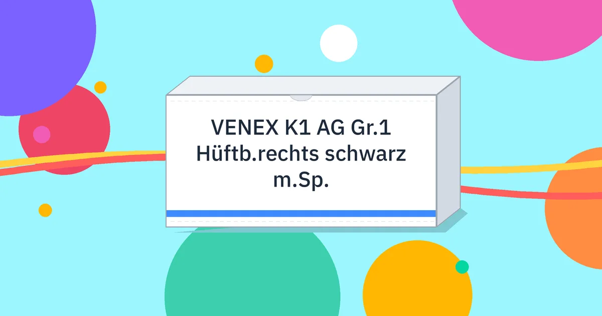 Symbolbild: Packung mit der Aufschrift VENEX K1 AG Gr.1 Hüftb.rechts schwarz m.Sp. (PZN 03203554) – Verfügbarkeit und Bezug in Apotheken in Frankfurt am Main