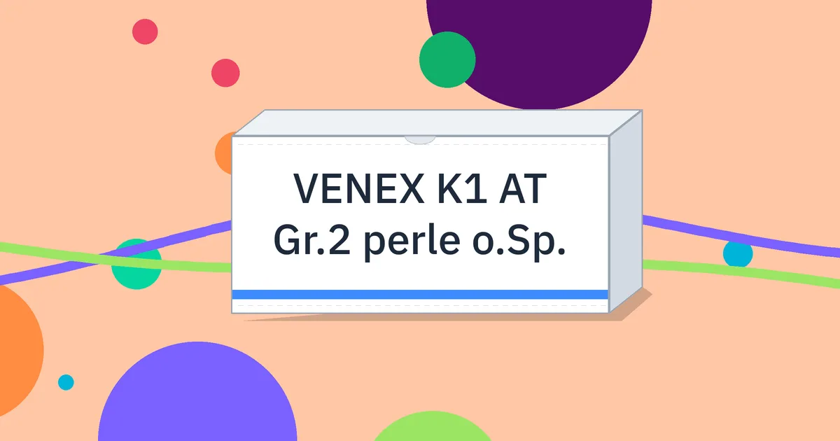 Symbolbild: Packung mit der Aufschrift VENEX K1 AT Gr.2 perle o.Sp. (PZN 03197612) – Verfügbarkeit und Bezug in Apotheken in Frankfurt am Main