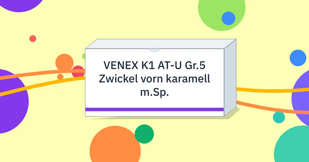Symbolbild: Packung mit der Aufschrift VENEX K1 AT-U Gr.5 Zwickel vorn karamell m.Sp. (PZN 13759347) – Verfügbarkeit und Bezug in Apotheken in Frankfurt am Main