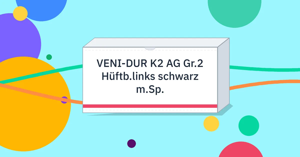 Symbolbild: Packung mit der Aufschrift VENI-DUR K2 AG Gr.2 Hüftb.links schwarz m.Sp. (PZN 03249935) – Verfügbarkeit und Bezug in Apotheken in Frankfurt am Main