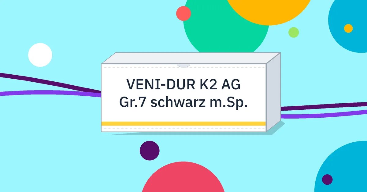 Symbolbild: Packung mit der Aufschrift VENI-DUR K2 AG Gr.7 schwarz m.Sp. (PZN 03246138) – Verfügbarkeit und Bezug in Apotheken in Frankfurt am Main